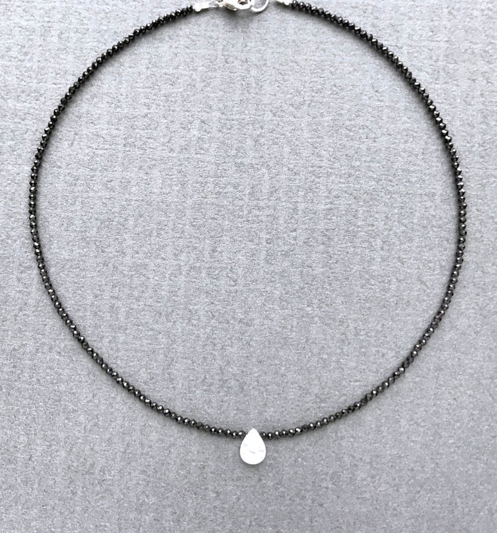 Black Beaded Choker, Moonstone or Labradorite Drop, Blue Flash, Skinny ...