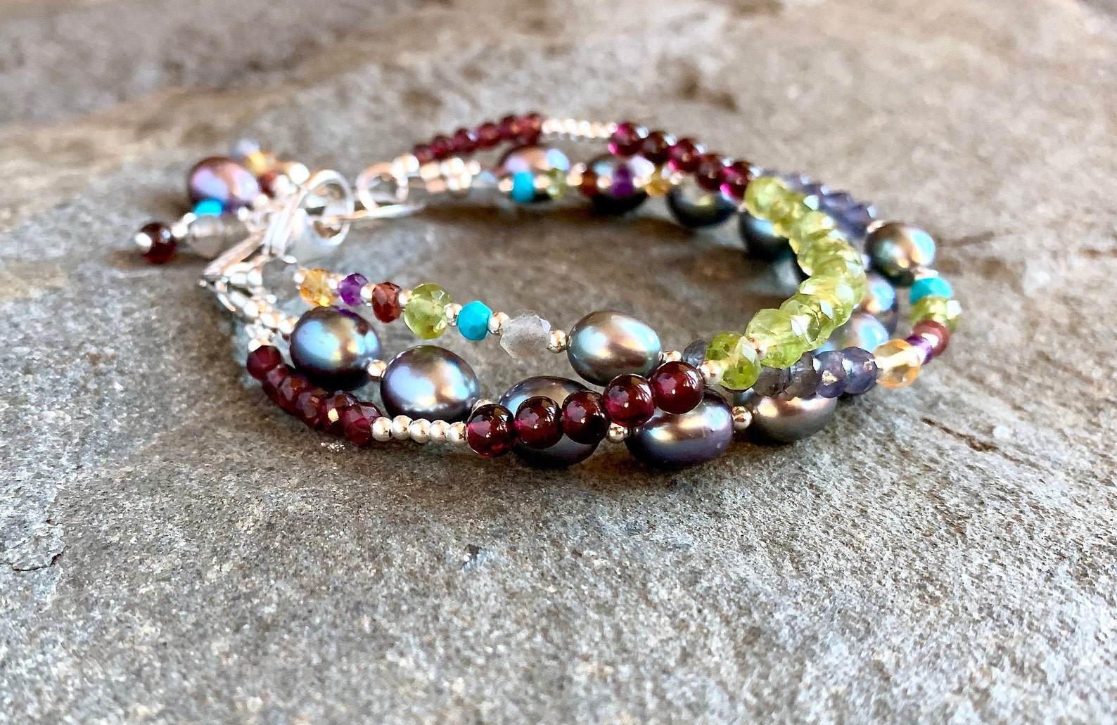 Triple Strand Gemstone Bracelet Sterling Silver 3 Strands - Etsy