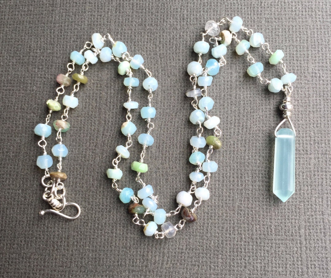 Peruvian Opal Necklace, Ice Blue Necklace, Chalcedony Point Pendant ...