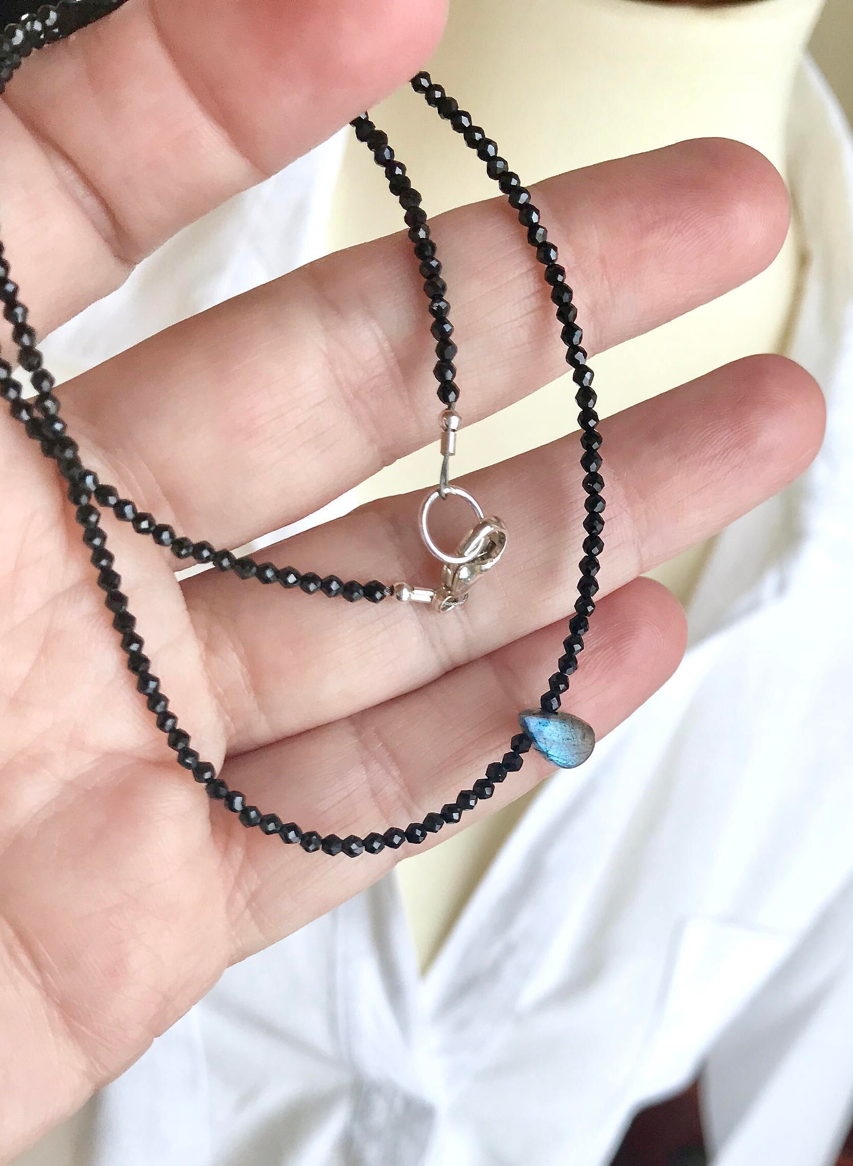 Black Beaded Choker, Moonstone or Labradorite Drop, Blue Flash, Skinny ...