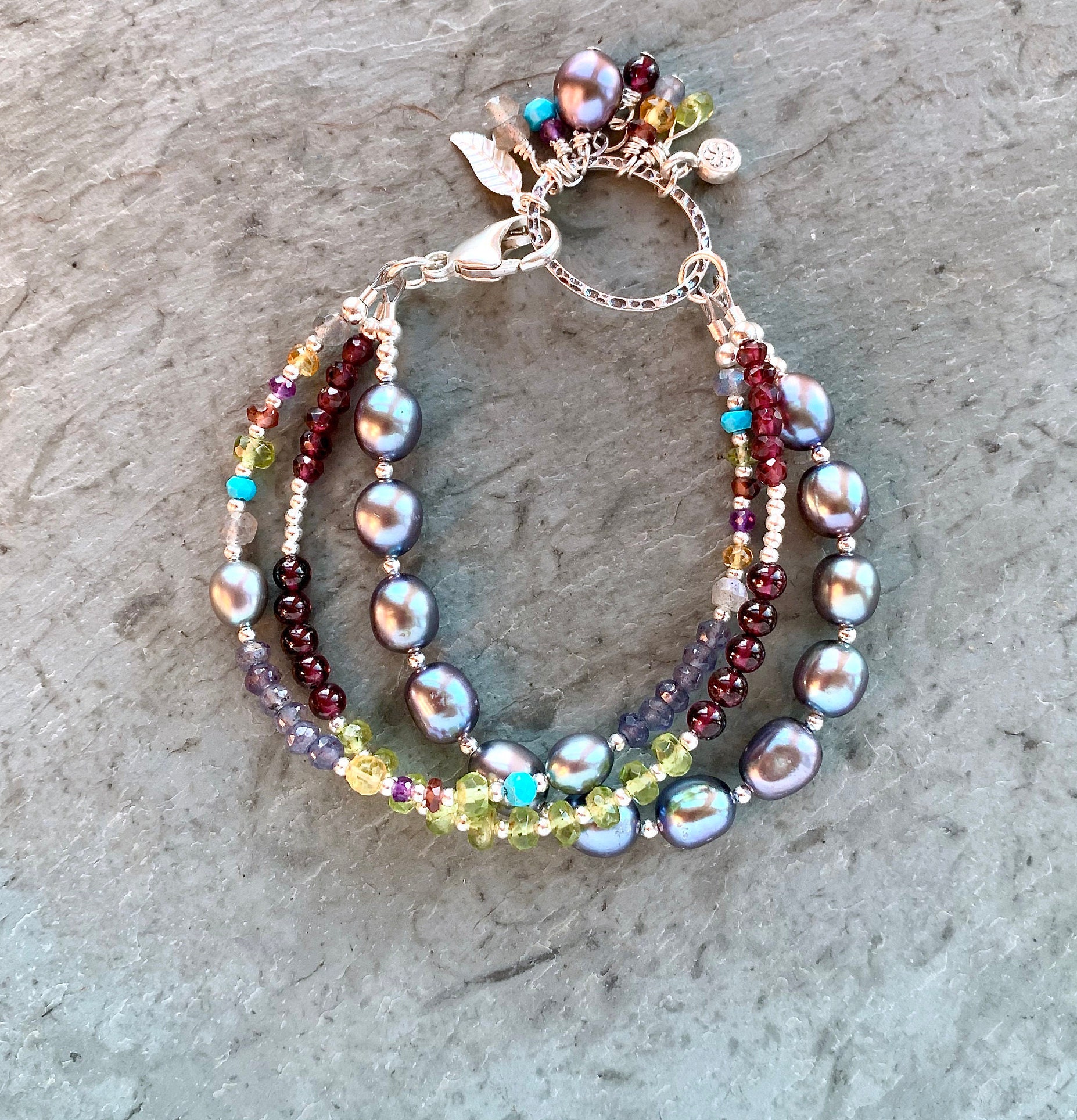 Triple Strand Gemstone Bracelet Sterling Silver 3 Strands - Etsy