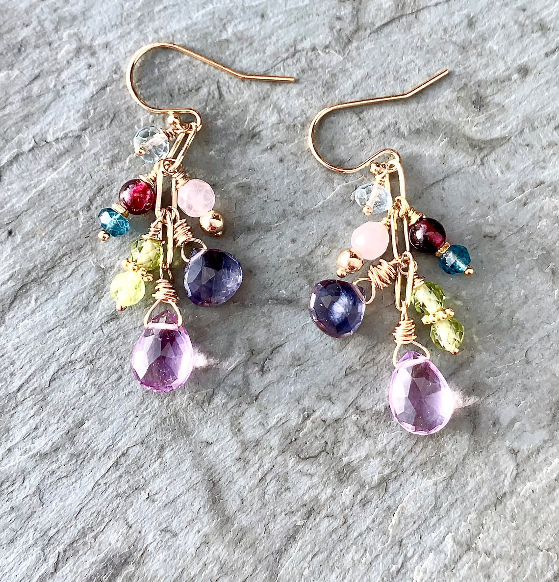 Gemstone Cluster Earrings Gold Filled Tiny Gemstone Drop - Etsy