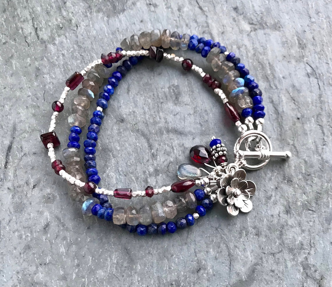 Triple Strand Gemstone Bracelet, Sterling Silver, 3 Strands ...