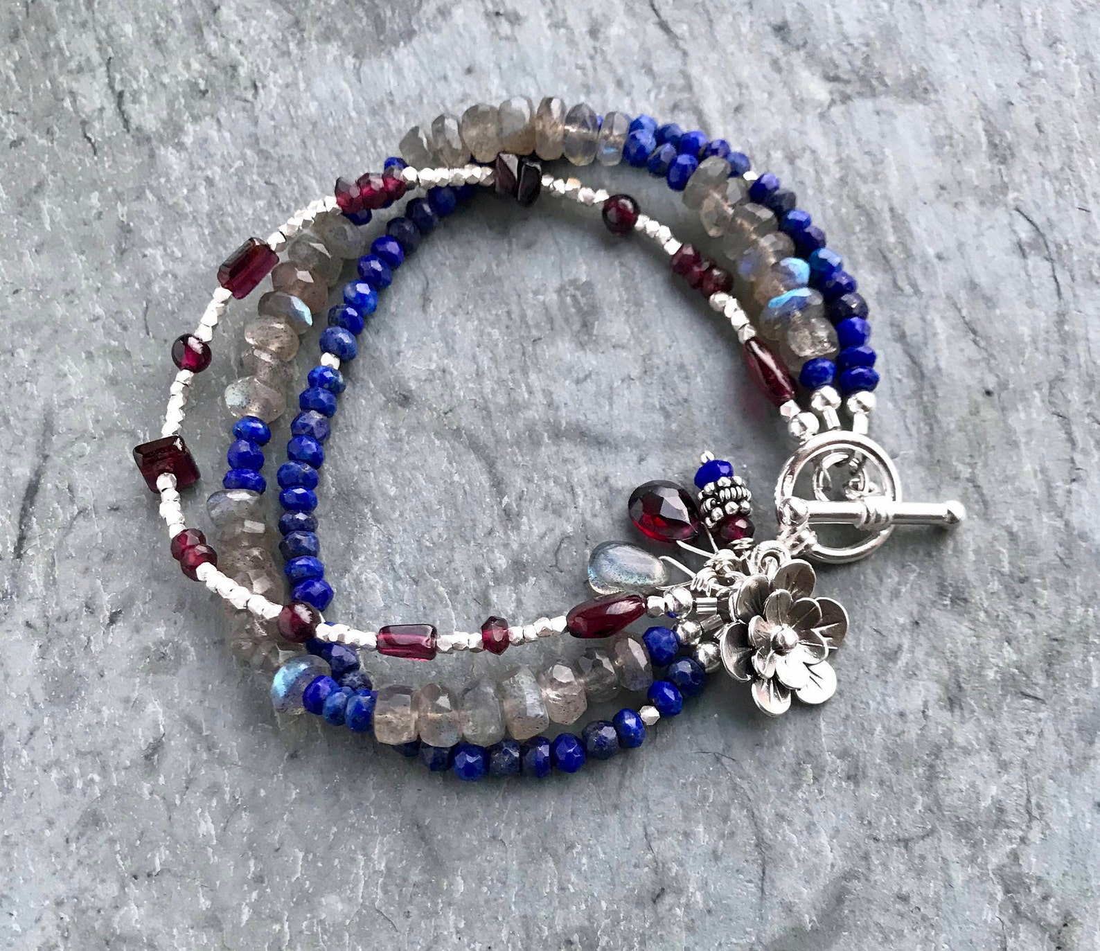 Triple Strand Gemstone Bracelet Sterling Silver 3 Strands - Etsy