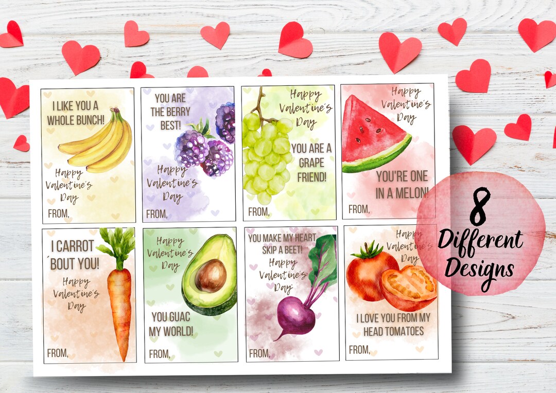 Printable Valentines Day Cards for Kids Fruit and Veggies Theme, Puns ...