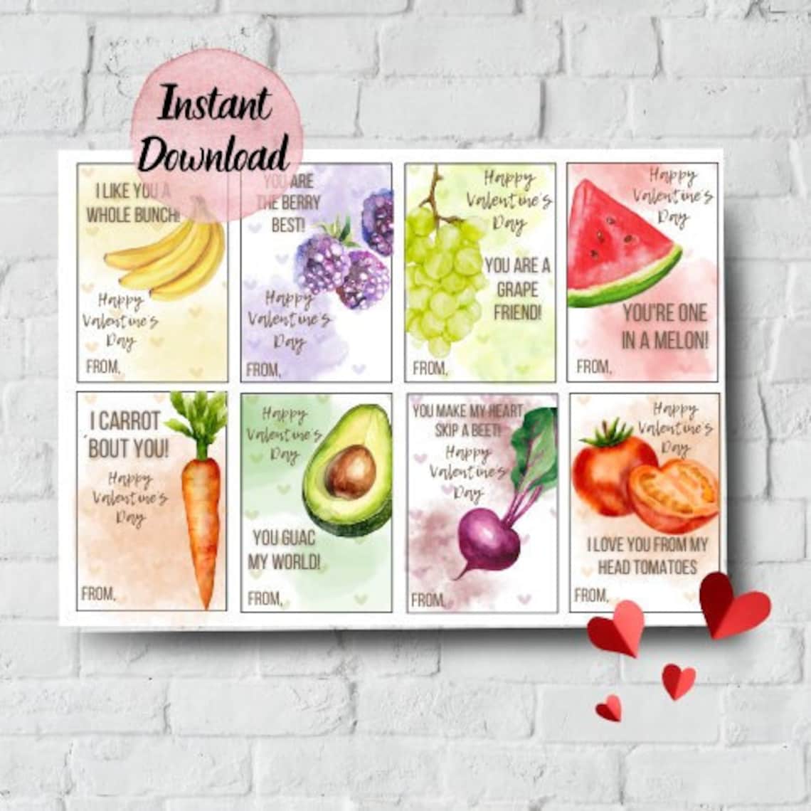Printable Food Valentines Day Cards for Kids • Fruit and Veggies Theme ...