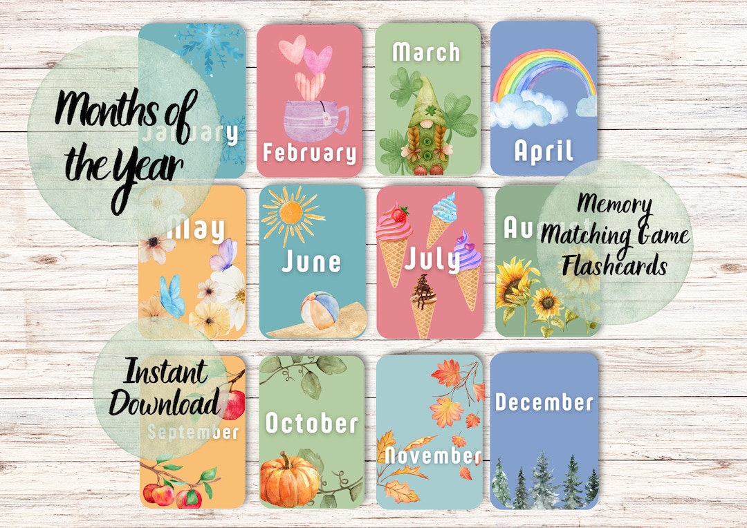 Months of the Year Flashcards Matching Memory Game Printables English ...
