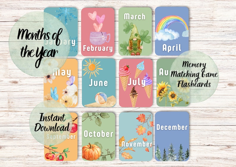 Months of the Year Flashcards Matching Memory Game Printables English ...