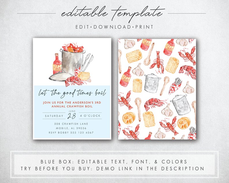Crawfish Boil Invitation, Crawdad Boil Invite, Editable Crayfish Boil ...