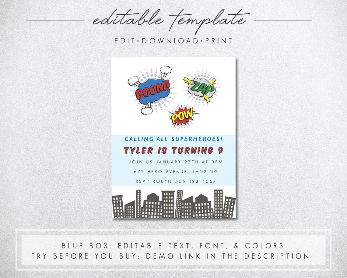 Comic Book Invitation Comic Birthday Invitation Superhero | Etsy
