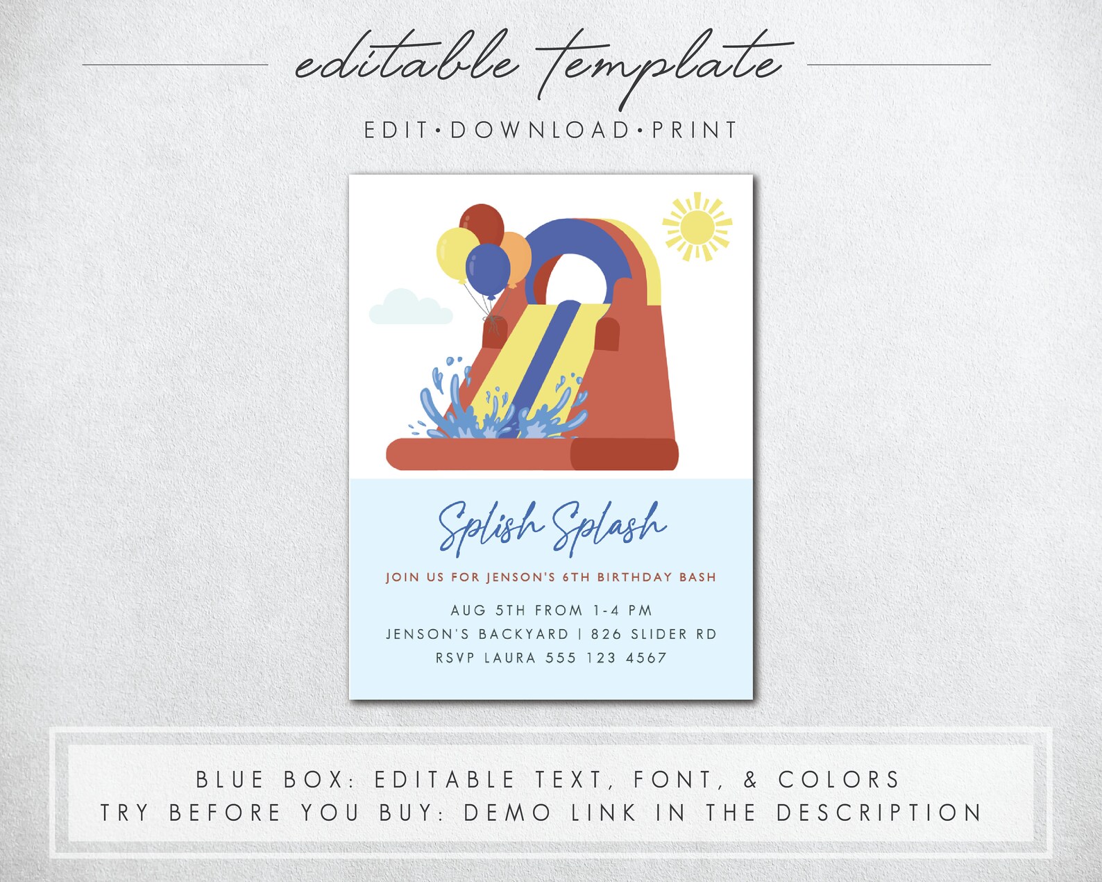 Inflatable Water Slide Birthday Invite, Water Slide Birthday Invite ...