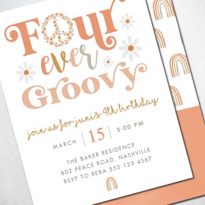 Four Ever Groovy Birthday Invitation, Editable Four-ever Groovy Invite ...