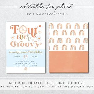 Four Ever Groovy Birthday Invitation, Editable Four-ever Groovy Invite ...