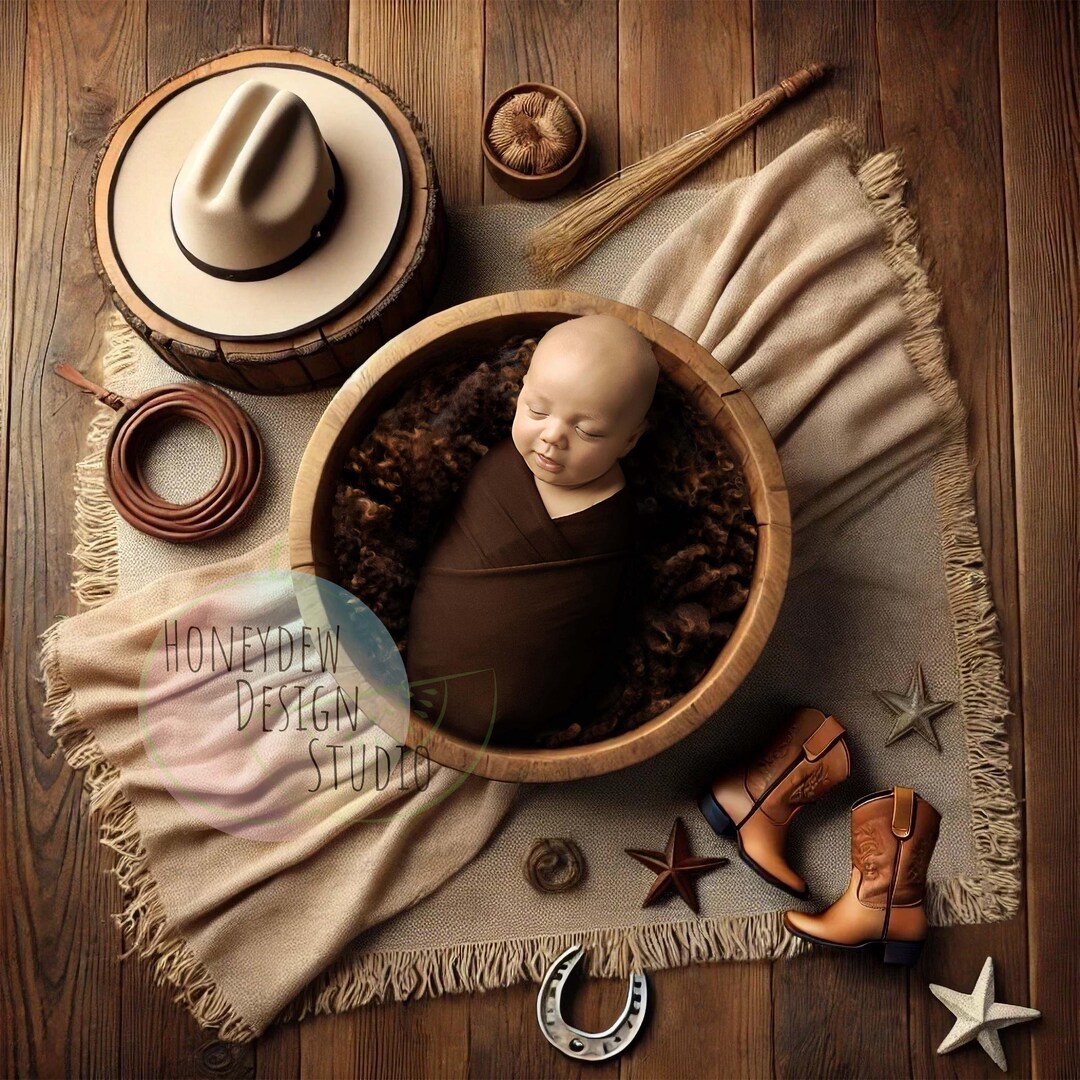 Western-themed Newborn Digital Backdrop With Wooden Bowl, Rustic ...