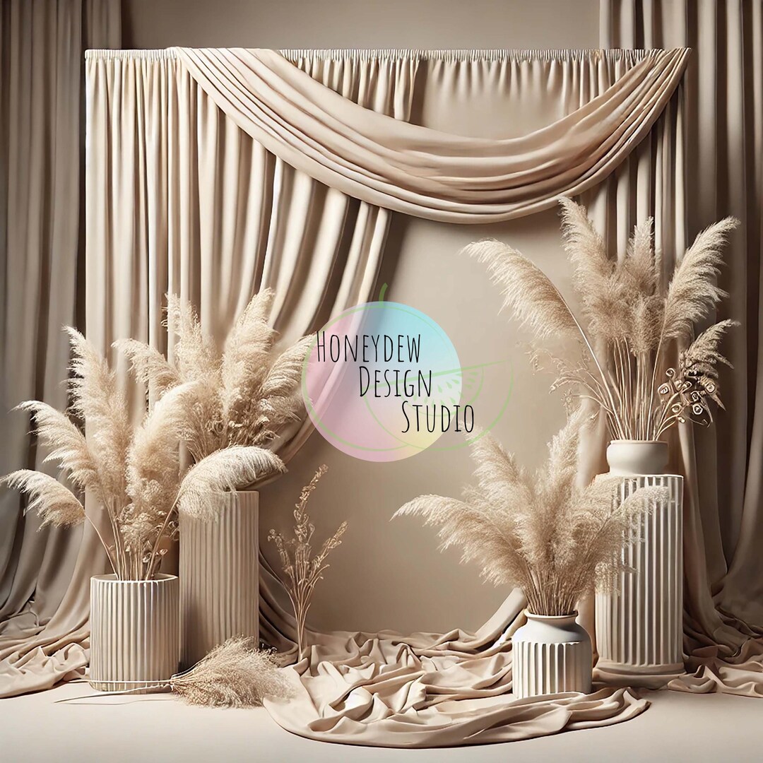 Ethereal Beige Fabric Digital Backdrop With Pampas Grass Minimalist ...