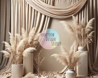 Ethereal Beige Fabric Digital Backdrop With Pampas Grass | Minimalist Photography Background for ...