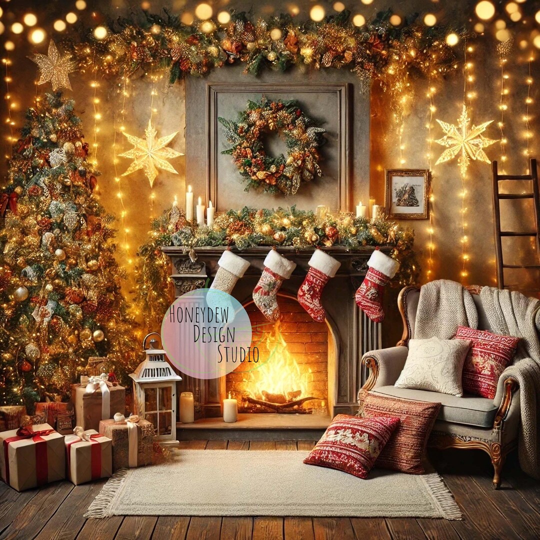 Cozy Christmas Fireplace Digital Backdrop – Festive Holiday Photography ...