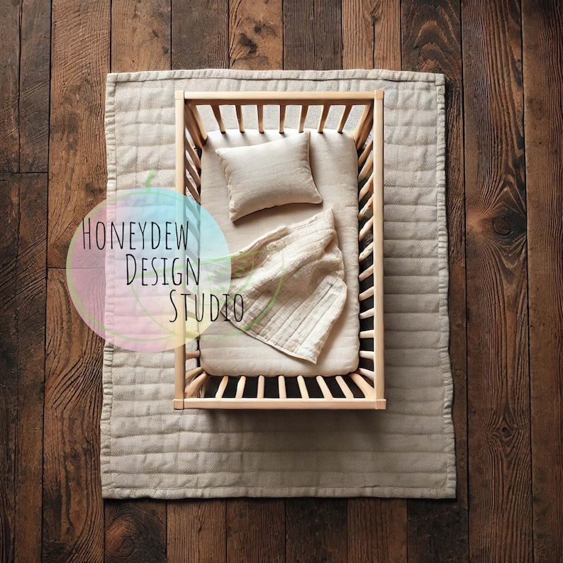 Newborn Digital Backdrop With Small Crib & Linen Bedding on Wooden ...