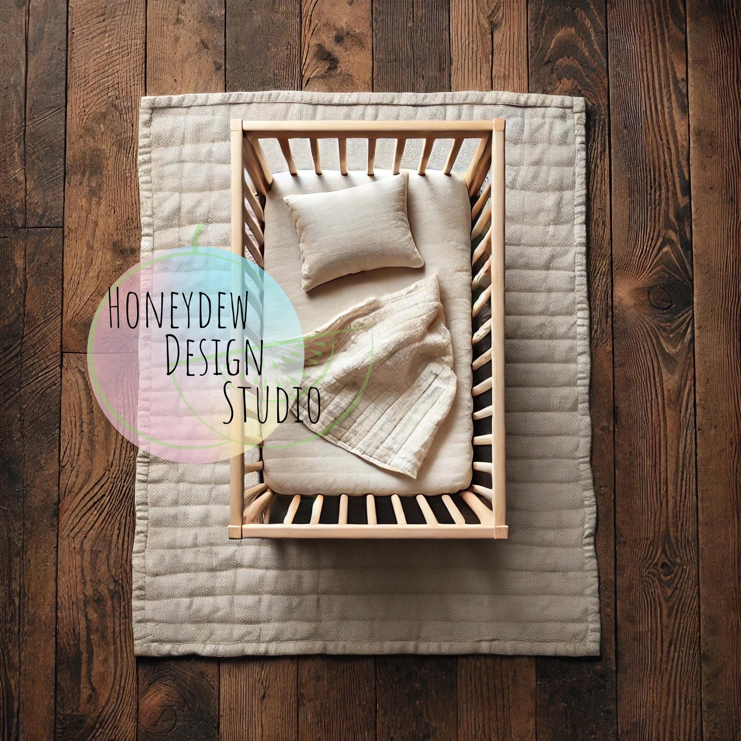 Newborn Digital Backdrop With Small Crib & Linen Bedding on Wooden ...