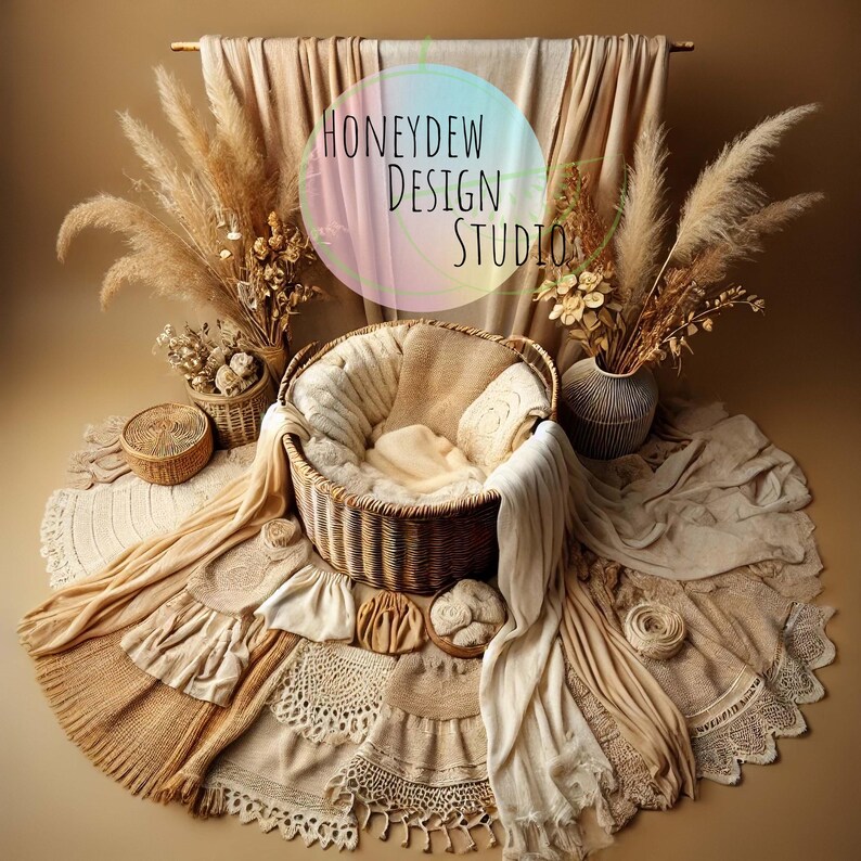 Boho Newborn Digital Backdrop With Woven Basket, Cream & Beige Fabrics ...