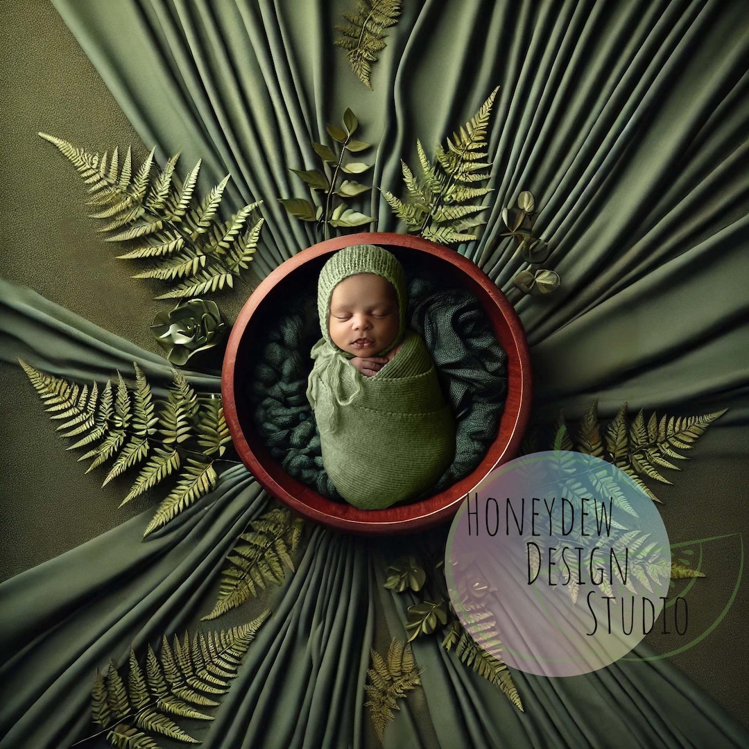 Lush Greenery Newborn Digital Backdrop With Dark Wooden Bowl, Flowing ...