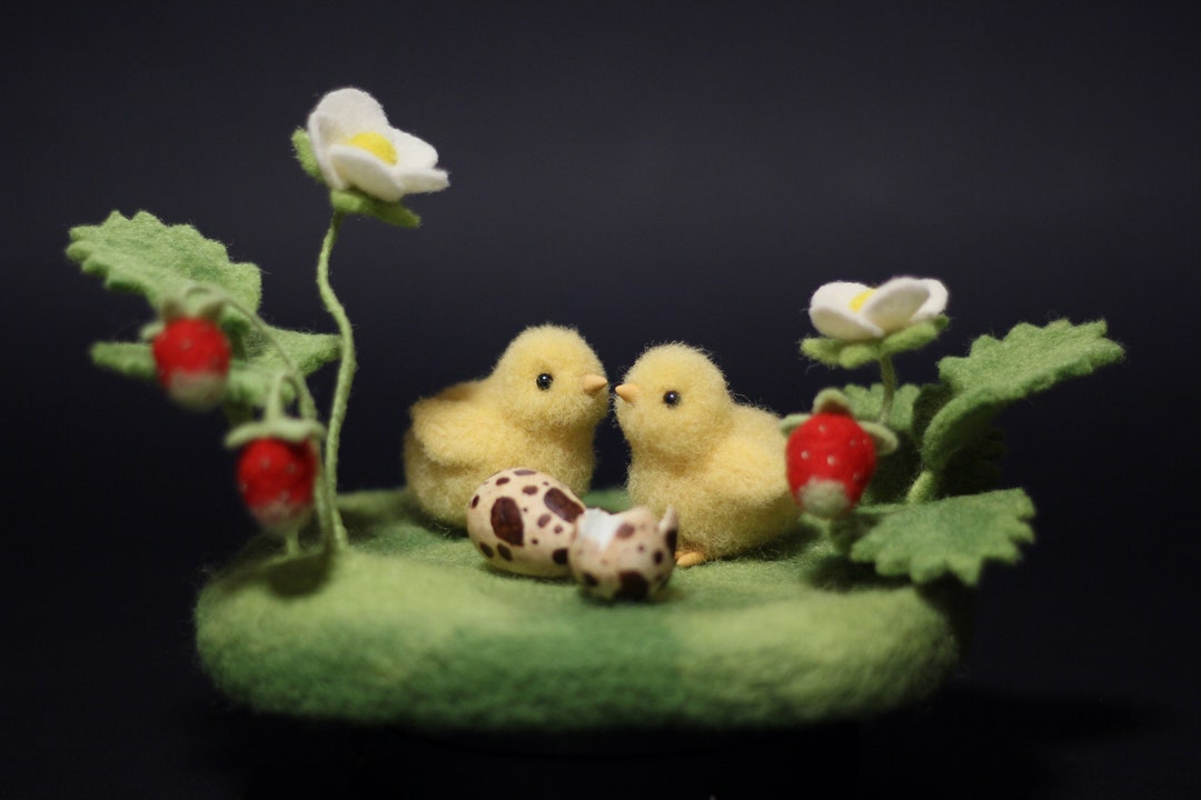 Needle Felted Easter Chick Diorama – Handmade Strawberry Meadow Scene ...