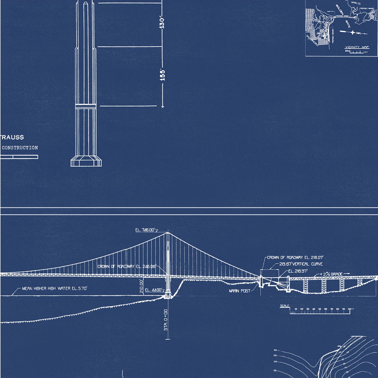 Golden Gate Bridge Blueprint Art: San Francisco Architecture Print ...