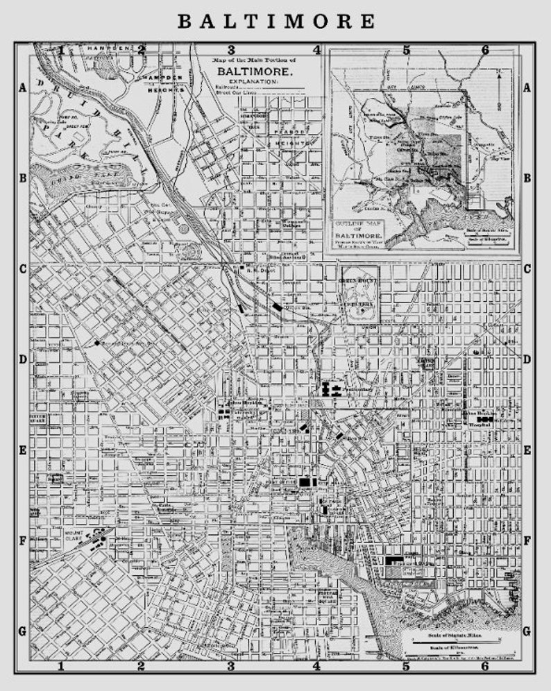 BALTIMORE Street Map Vintage BALTIMORE Art Big Map Print | Etsy
