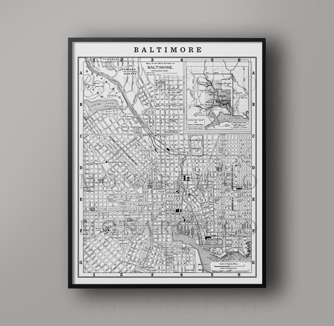 BALTIMORE Street Map Vintage BALTIMORE Art Big Map Print | Etsy
