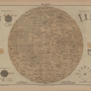 ANTIQUE LUNAR MAP, Moon Map, Lunar Surface, Map of the Moon, Rustic Map ...