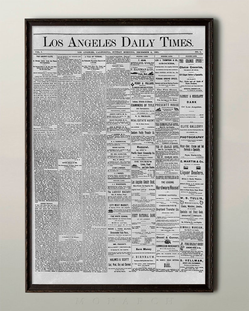 Los Angeles Times First Issue, December 4 1881, LA Times Inaugural ...