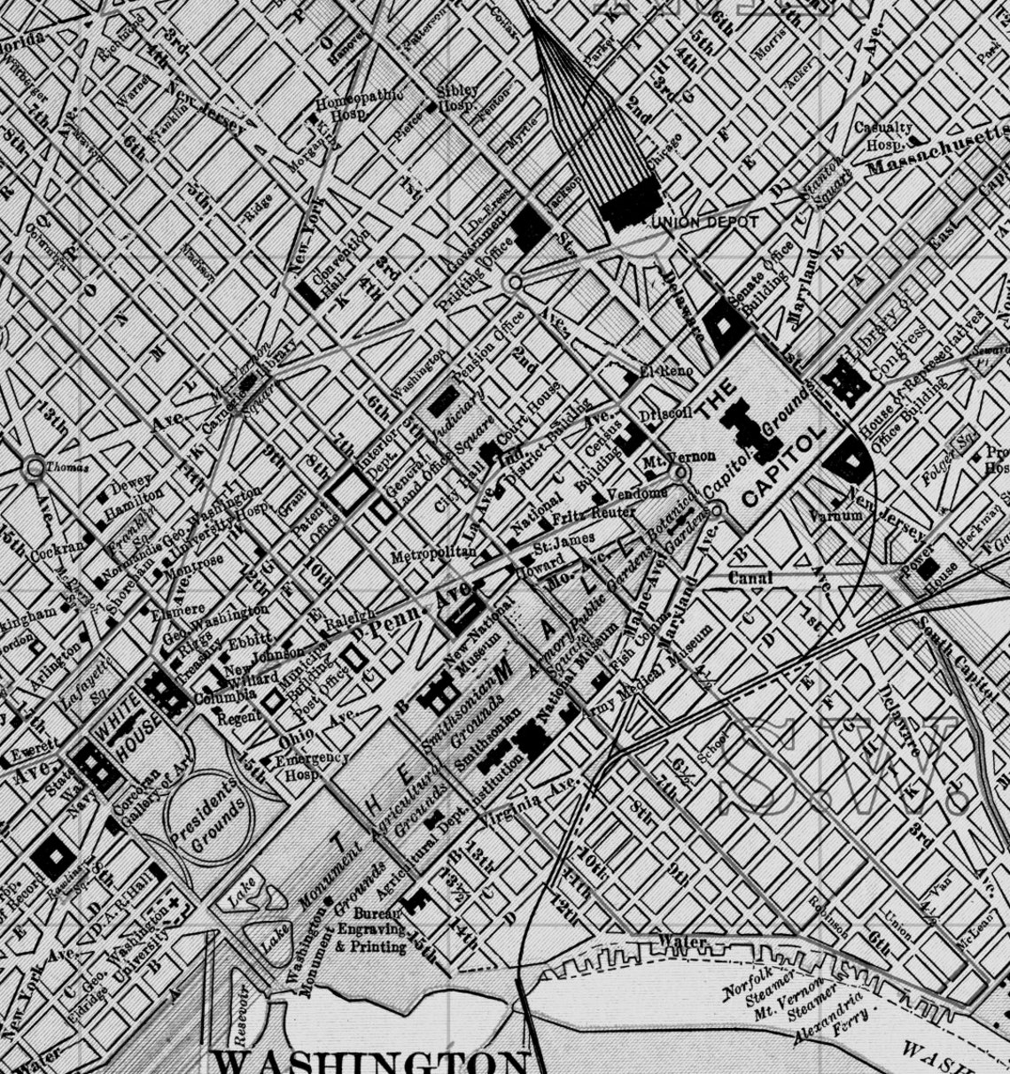 Vintage Washington DC Street Map Print: District of Columbia, Circa ...