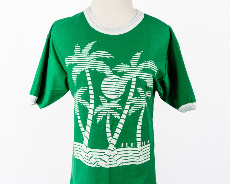 Vintage Florida Palm Tree Sun Print White and Green Ringer - Etsy