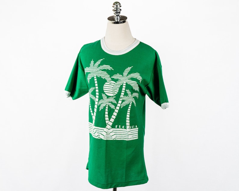 Vintage Florida Palm Tree Sun Print White and Green Ringer - Etsy