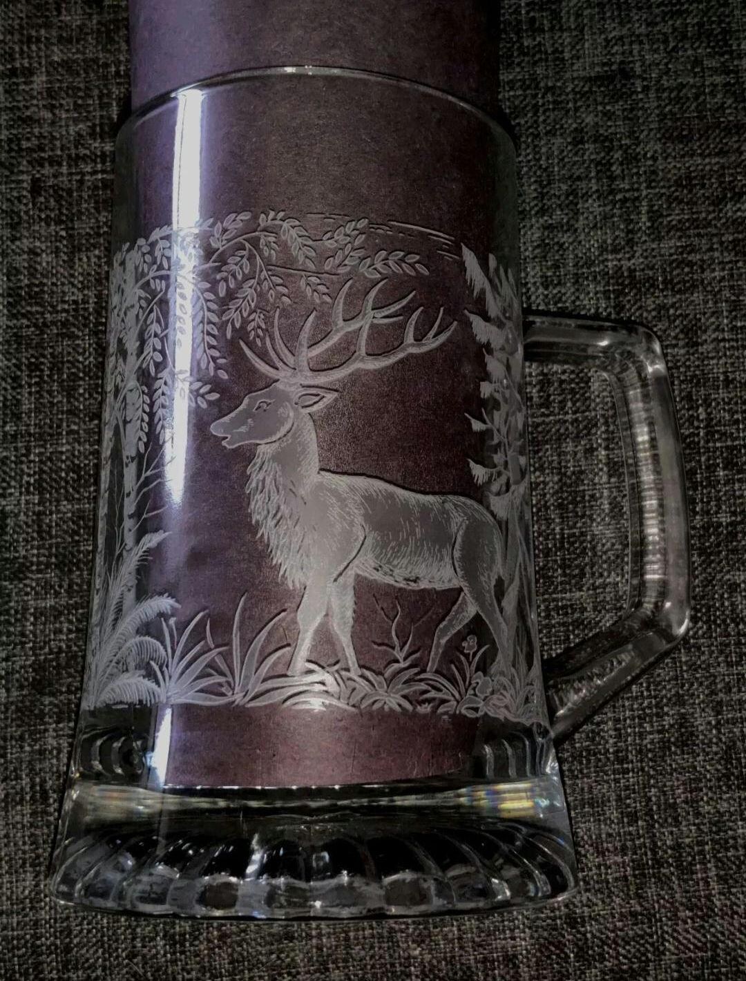 ALWE German Etched Clear Glass Buck Deer in Forest Beer Stein Mug Solid ...