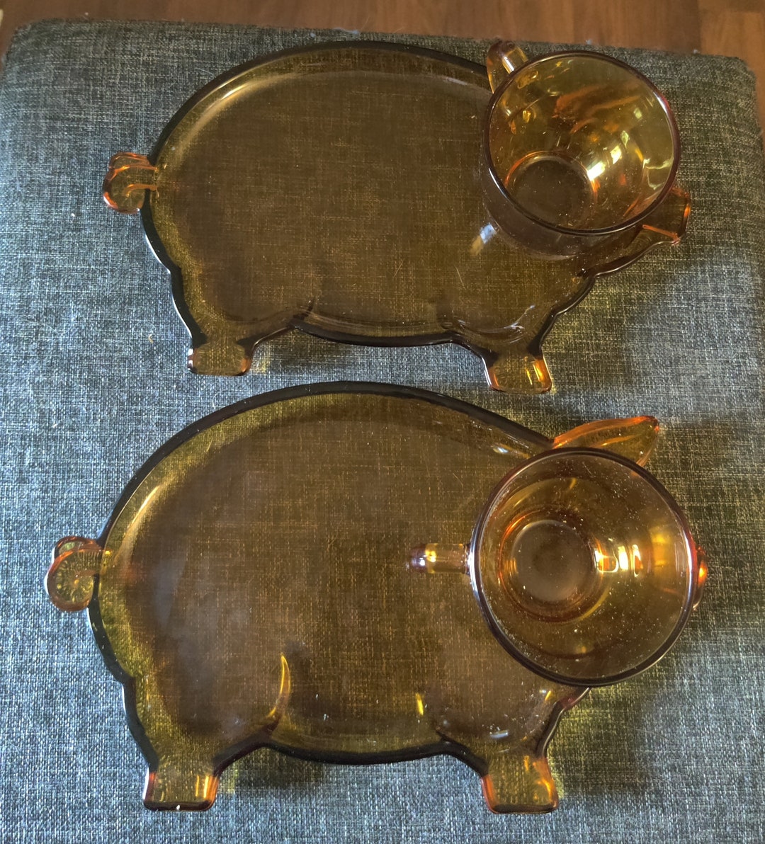 Vintage Tiara Indiana Amber Glass Pig Snack Tray Plates With Cups - 4 ...