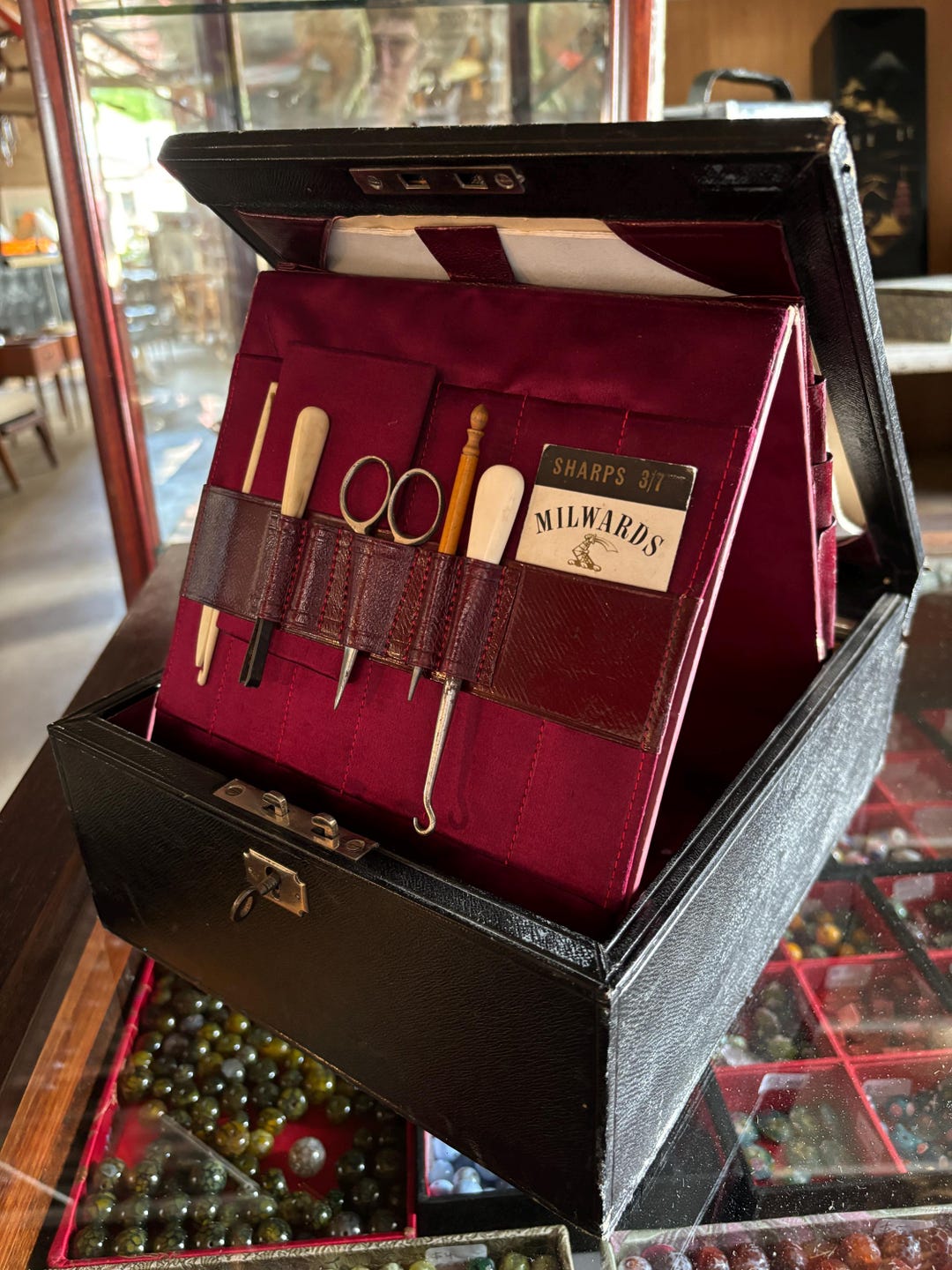 Antique Sewing and Letter Writing Compendium in Black Leather With ...