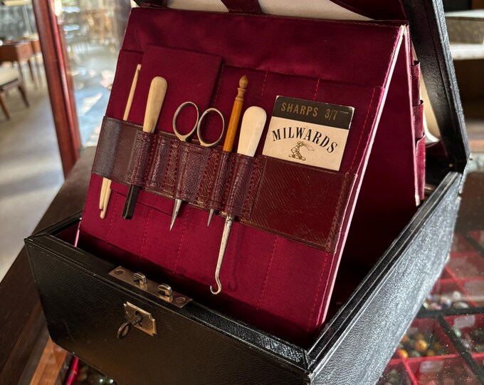 Antique Sewing and Letter Writing Compendium in Black Leather With ...