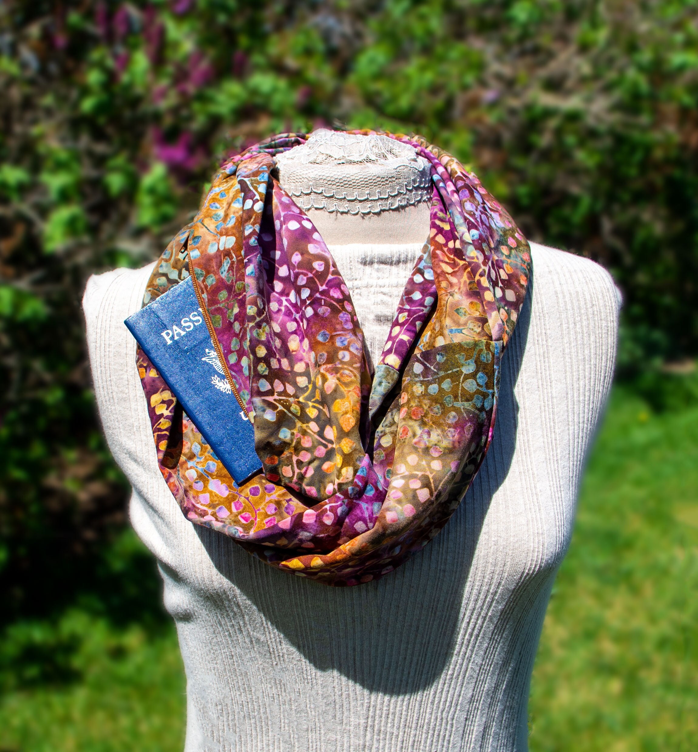 Infinity Scarf With Pocket, Rayon Batik Scarf in Plum/violet/peach ...