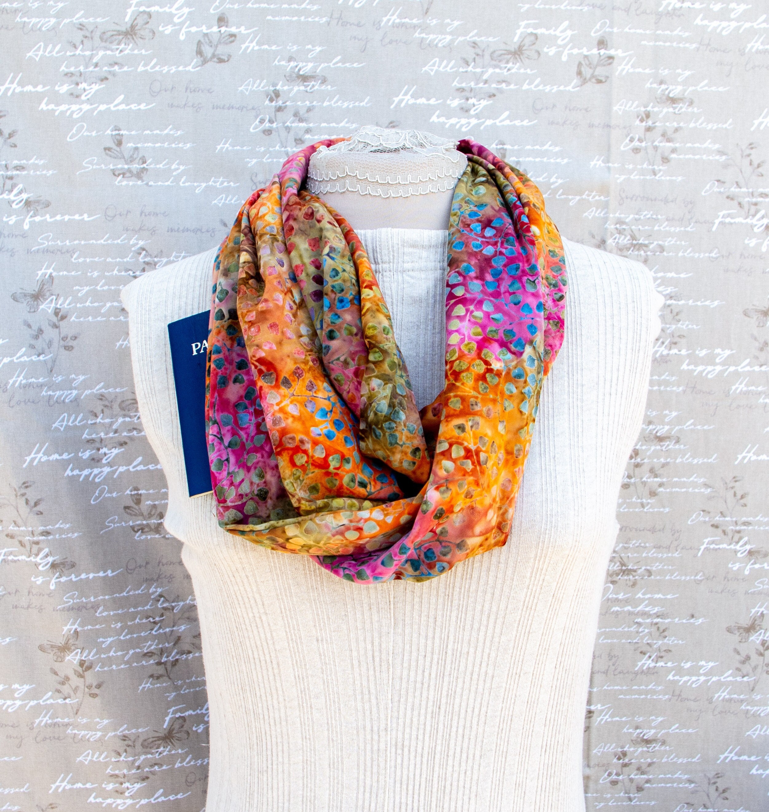 Infinity Scarf With Pocket, Rayon Batik Scarf in Autumn Colors, Summer ...