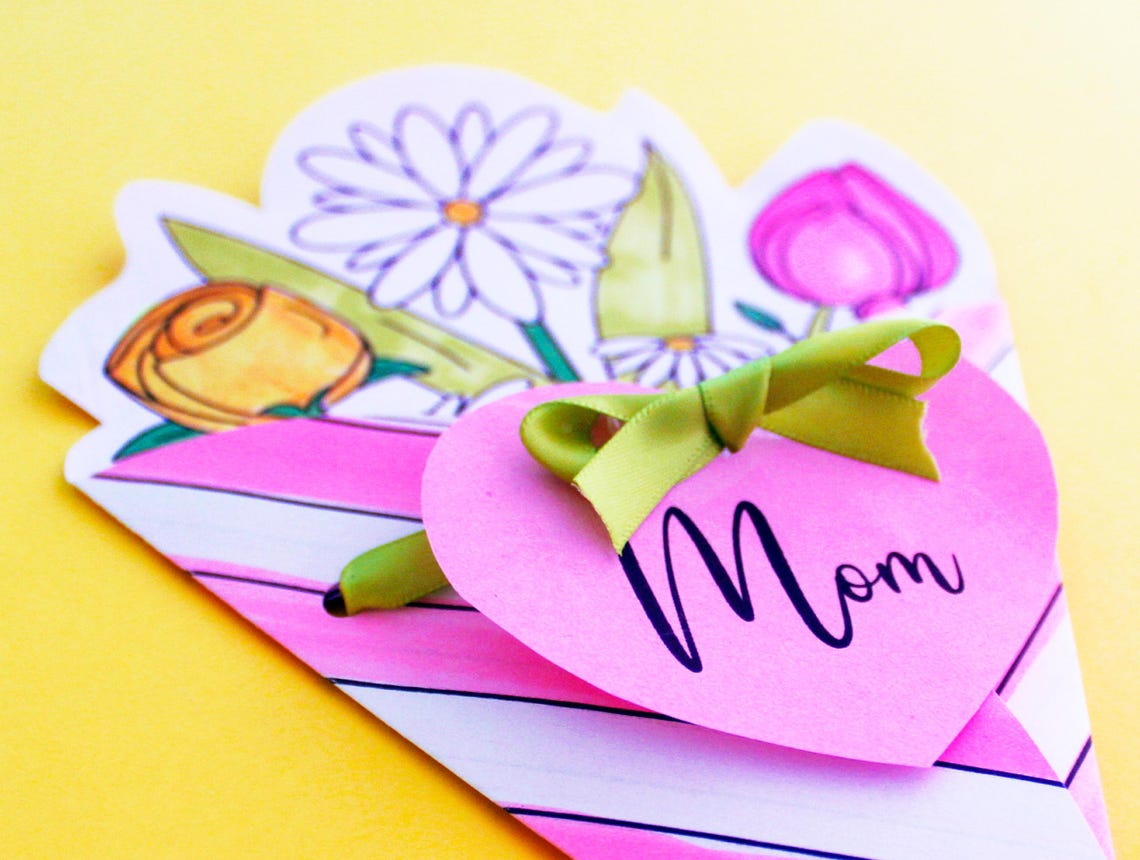 DIY Mother's Day Bouquet Card: Printable Coloring Craft (instant ...