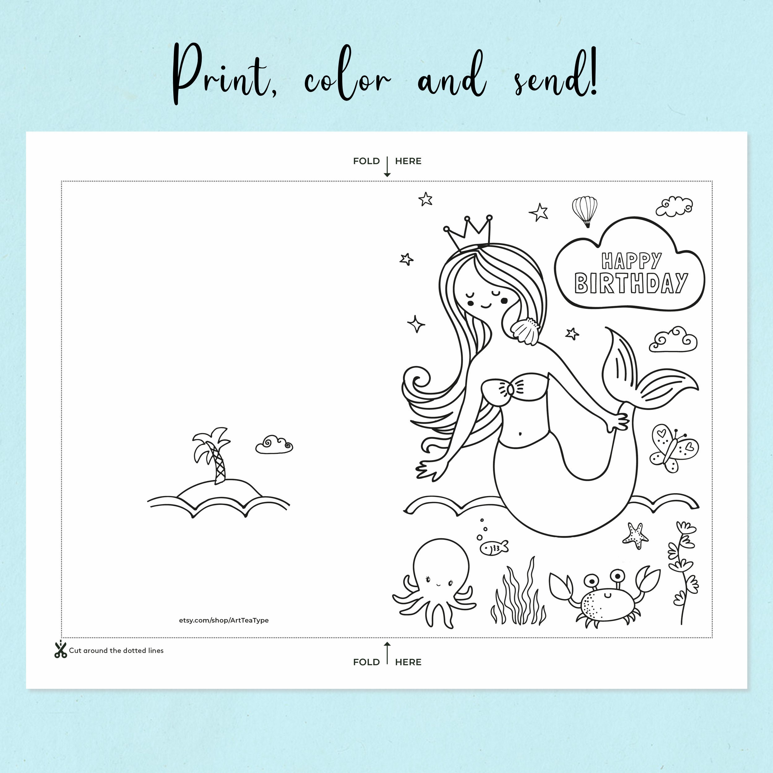 Mermaid Card | Printable Mermaid Card | Digital Kids Birthday Card ...