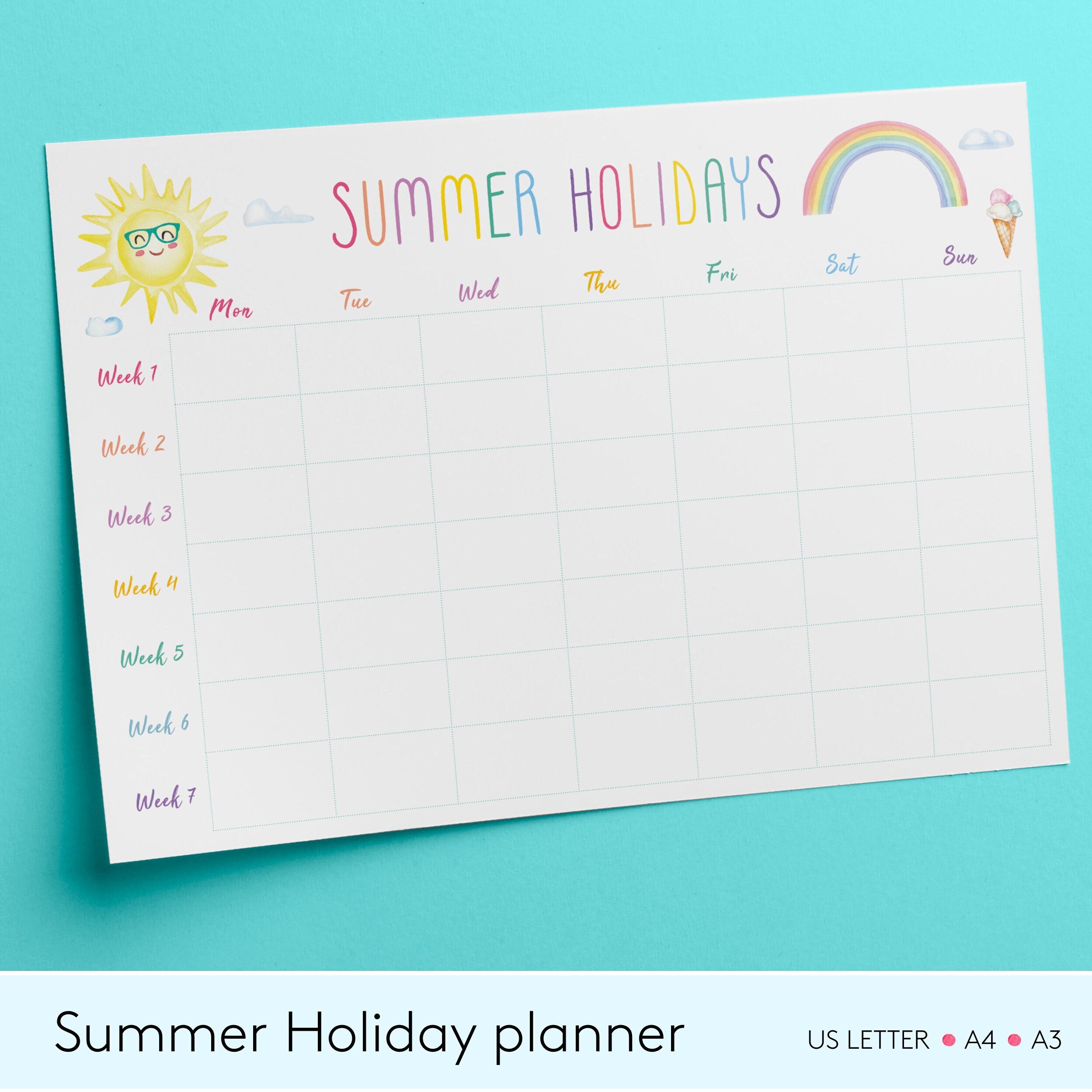 Kids Summer Holiday Calendar Rainbow Printable Planner digital Kids Summer Holiday Calendar Rainbow Printable Planner digital