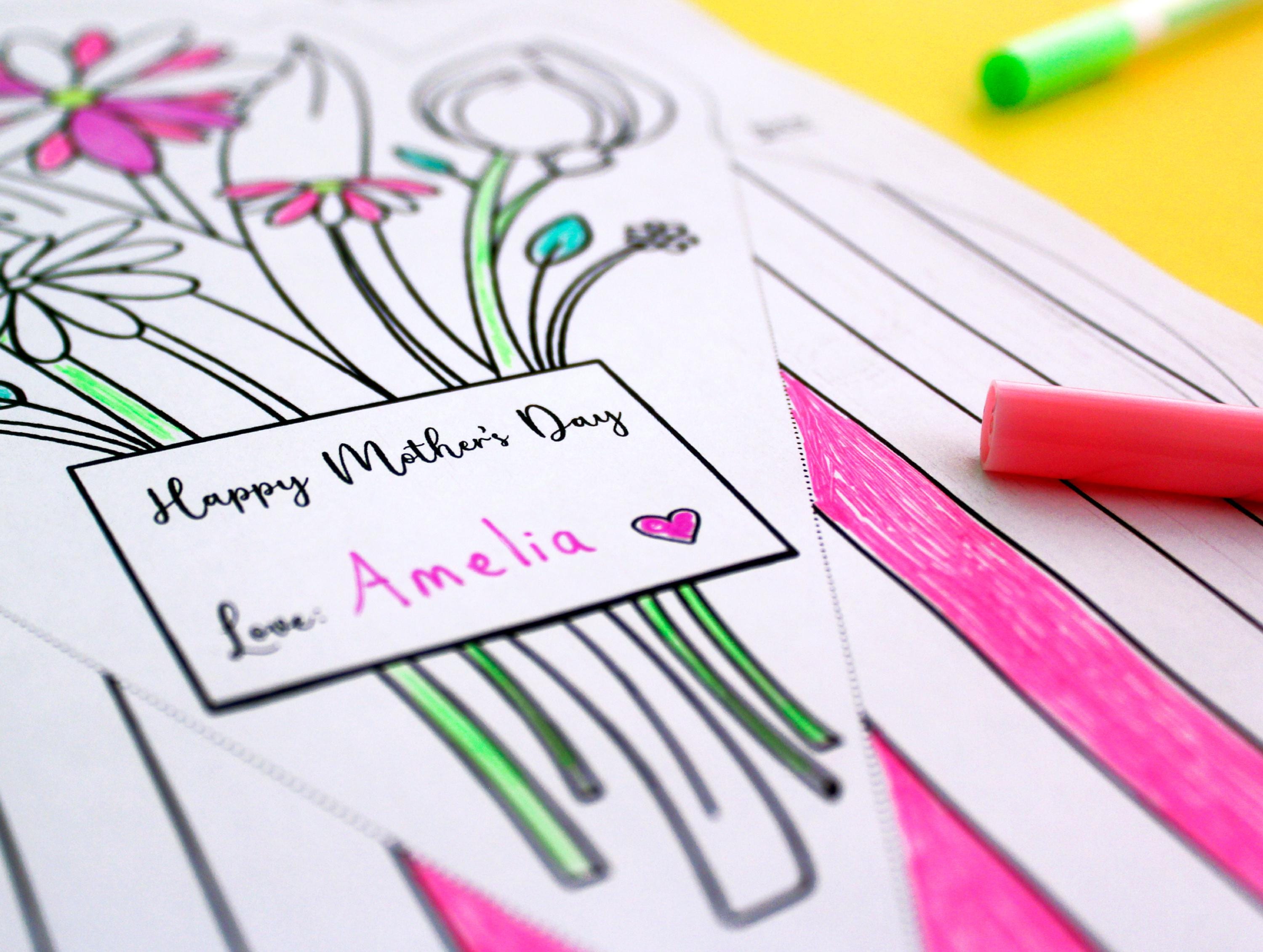 DIY Mother's Day Bouquet Card: Printable Coloring Craft (instant ...