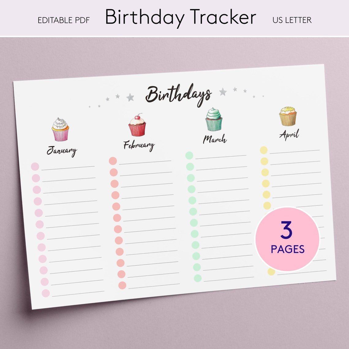 Birthday Tracker Printable Template Landscape Format | Birthday Planner ...