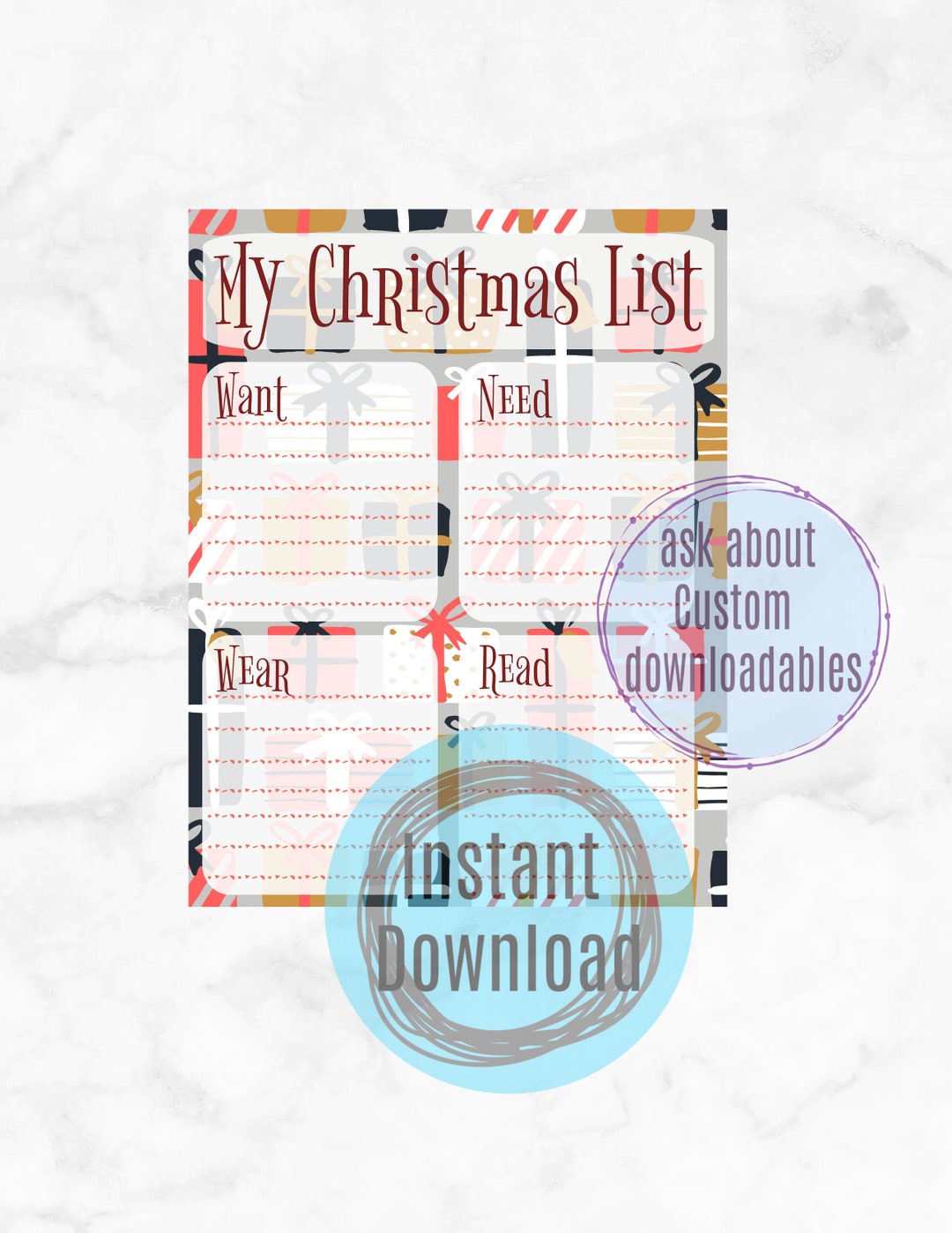 Printable Christmas List, Want Need Wear Read, Childs Christmas List ...