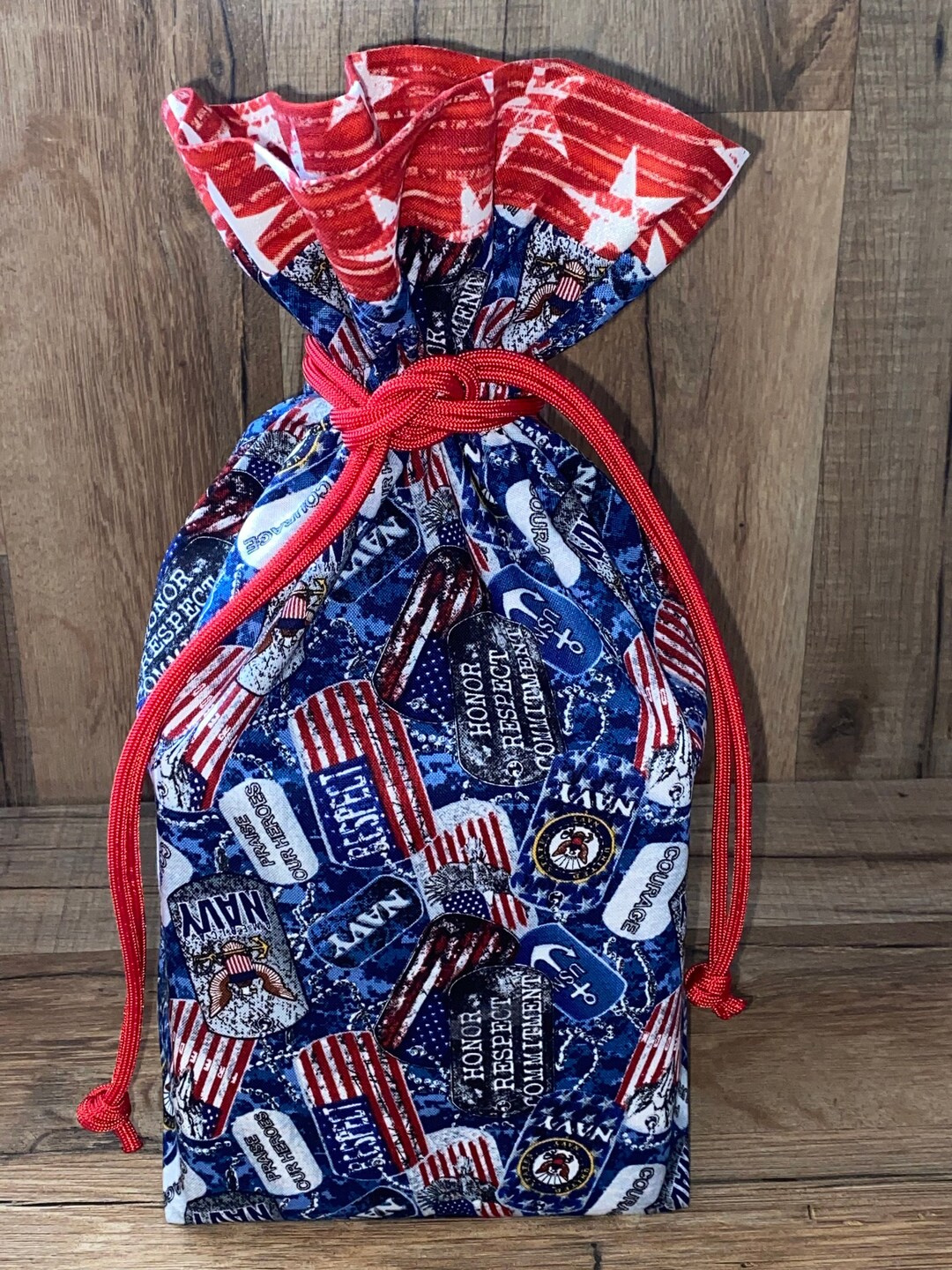 Patriotic Fabric Gift Bag: Reusable Drawstring Bag, Navy Hero Print ...