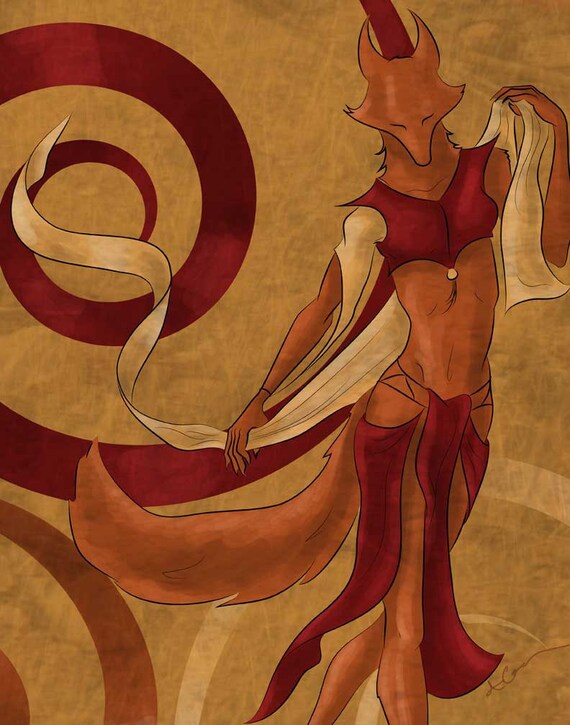 Anthro Fox Belly Dancer on Swirly Background Matted Print - Etsy