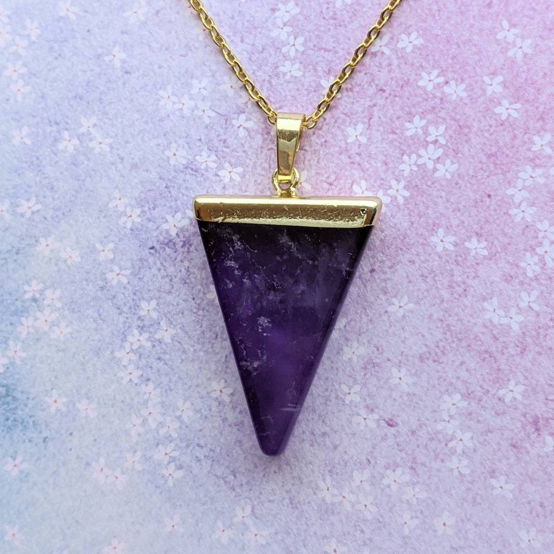 Natural Amethyst Triangle Pendant Necklace. Peace. Gold. Purple ...