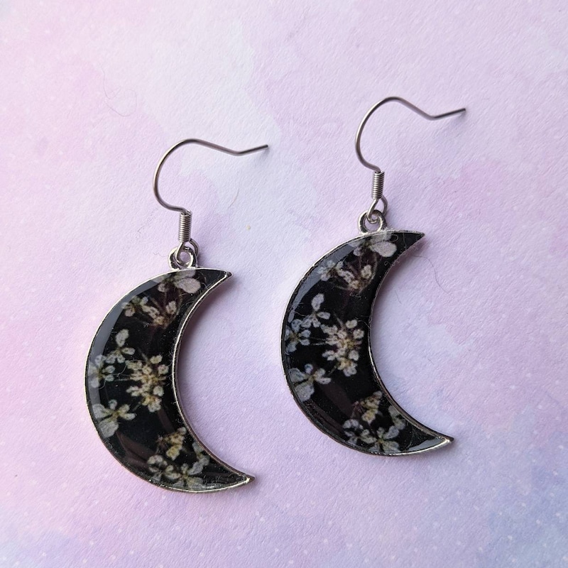 Floral Black Moon Earrings - Etsy UK